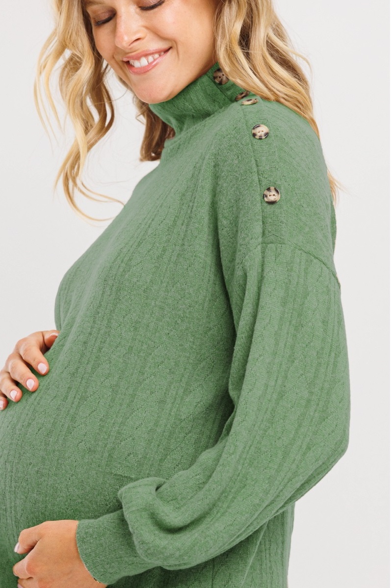 Turtleneck Cable-Knit Maternity Top - Heather Green