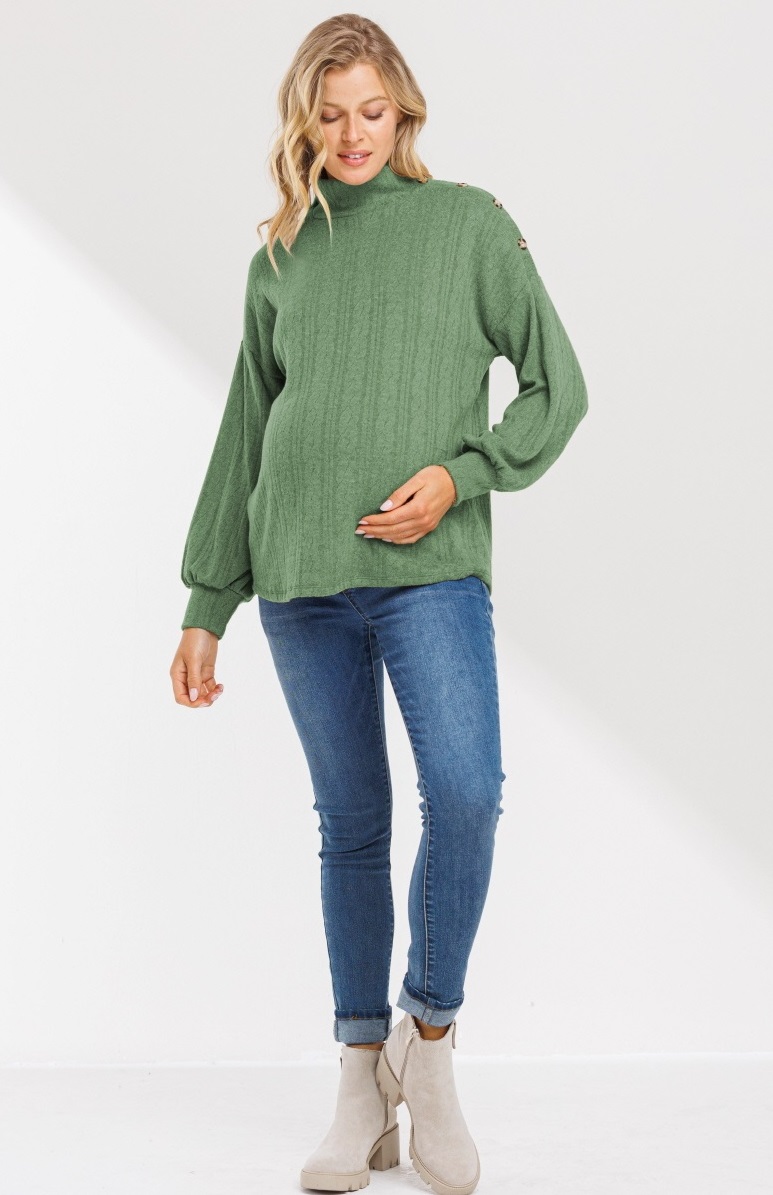 Turtleneck Cable-Knit Maternity Top - Heather Green