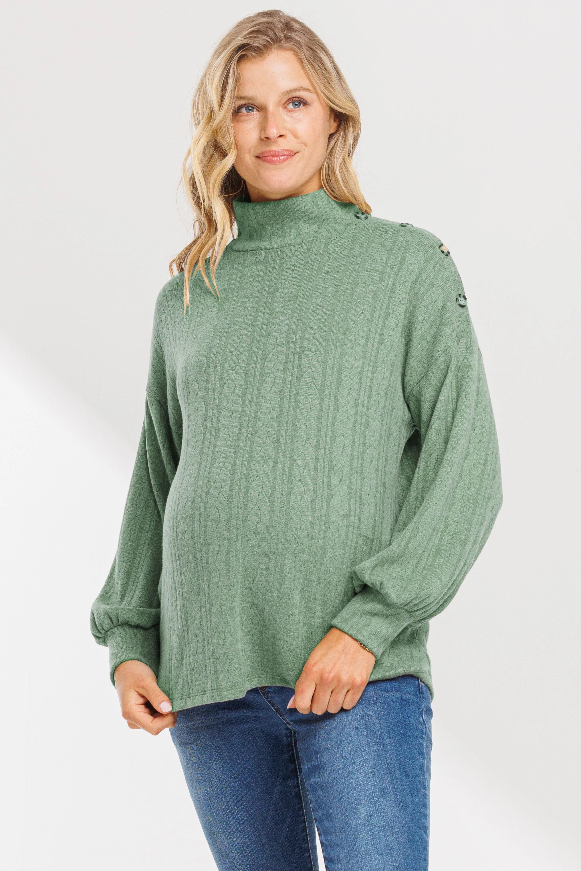 Turtleneck Cable-Knit Maternity Top - Heather Green